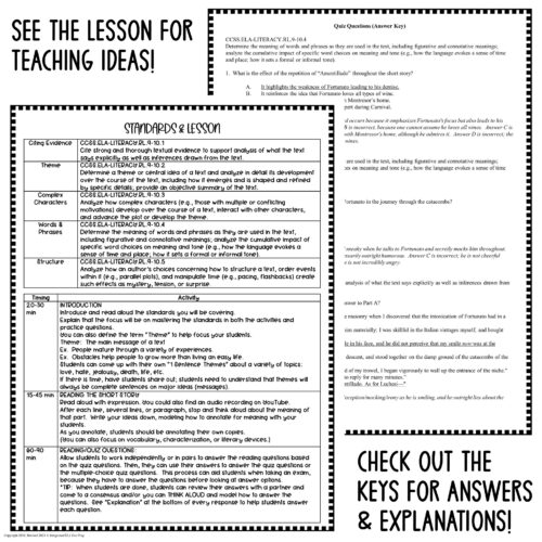 The Cask of Amontillado Quiz & Reading Comprehension Questions Edgar ...