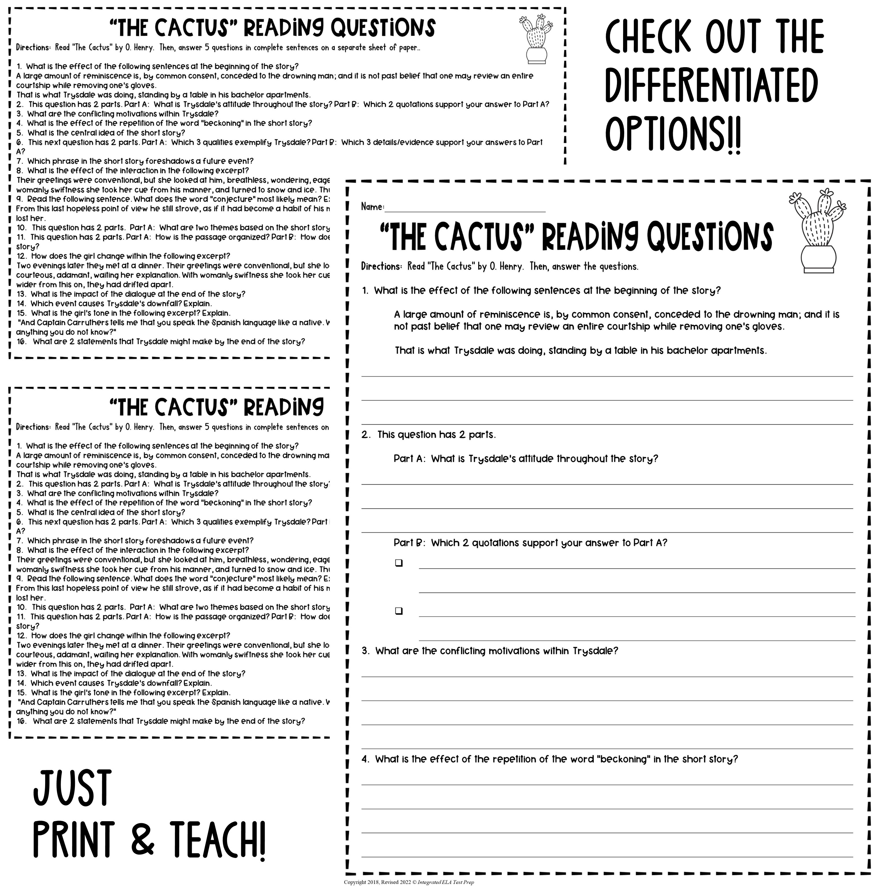 The Cactus Quiz O. Henry Short Story with Comprehension Questions ...