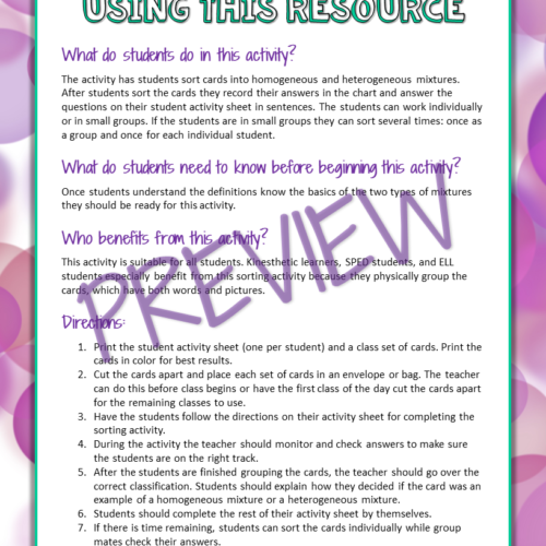 Homogeneous and Heterogeneous Mixtures Card Sorting Activity - Classful