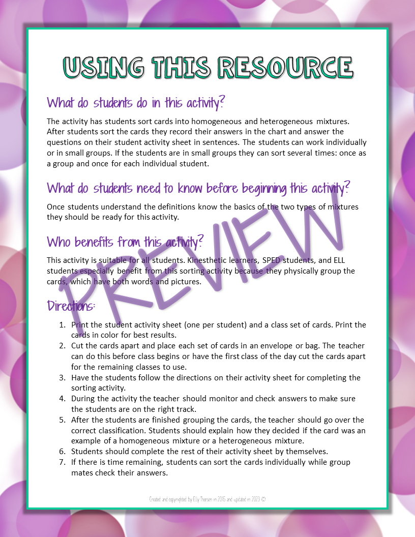 Homogeneous and Heterogeneous Mixtures Card Sorting Activity - Classful