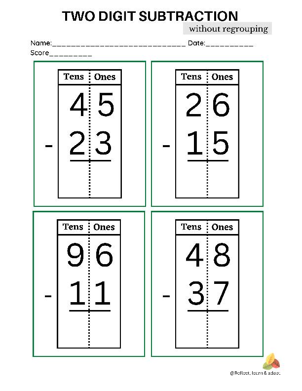 Two Digit Subtraction without regrouping | Adaptive Resources - Classful