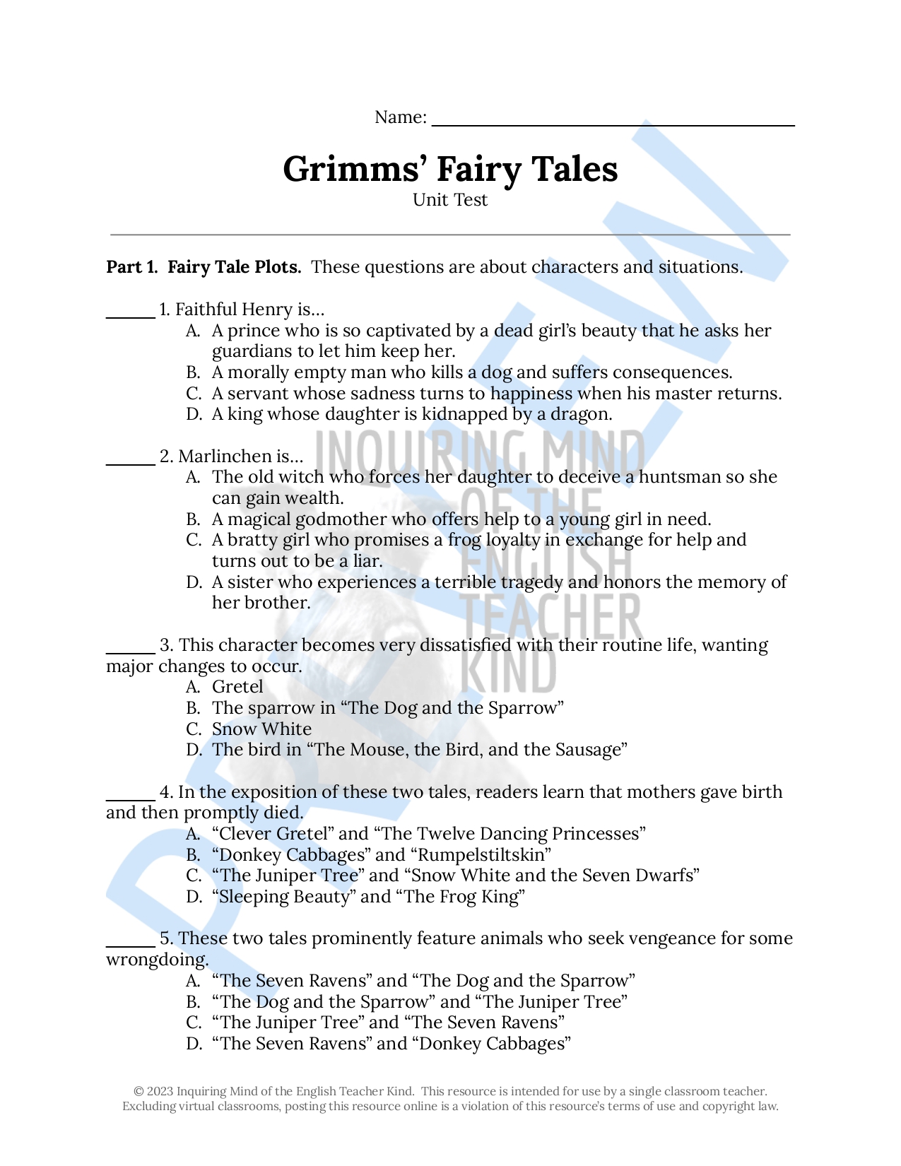Grimms' Fairy Tales Unit Test and Answer Key (14 Short Stories Included ...