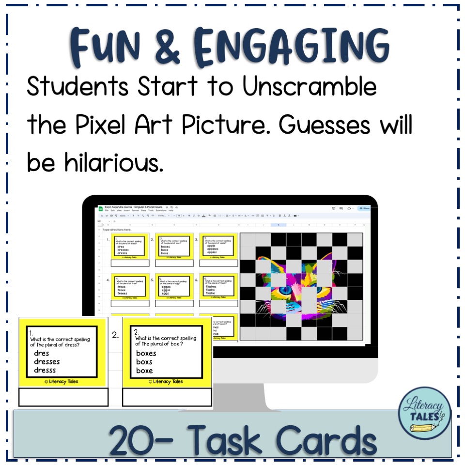 Plural Nouns Task Cards Pixel Arts Mystery Picture Google Sheets - Classful