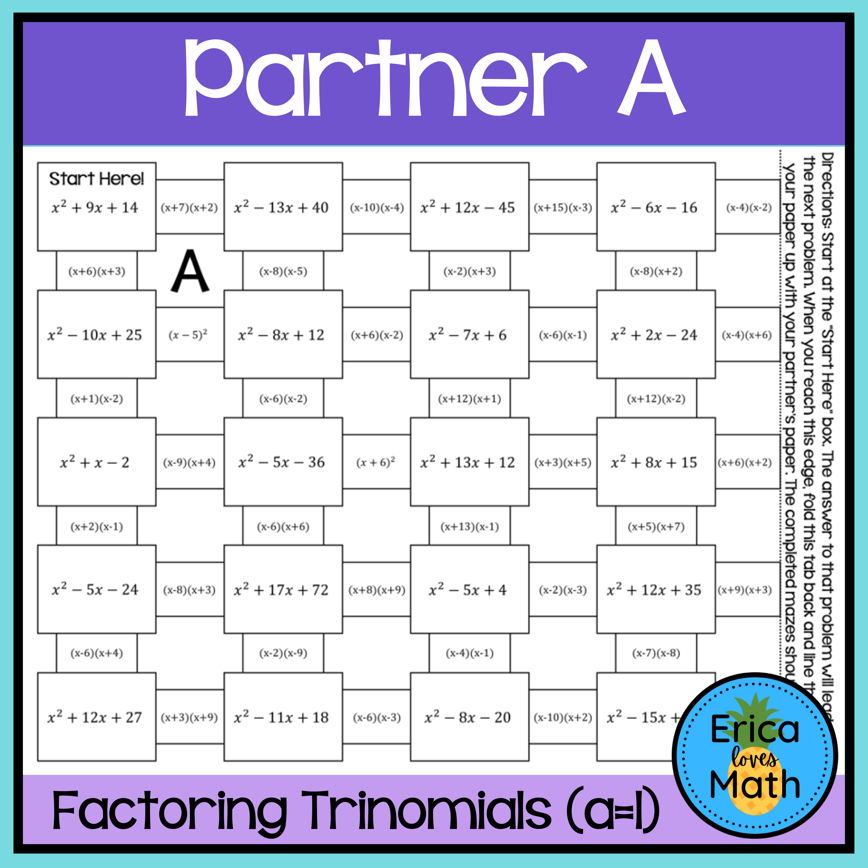 Factoring Trinomials (a=1) Activity Partner Maze - Classful