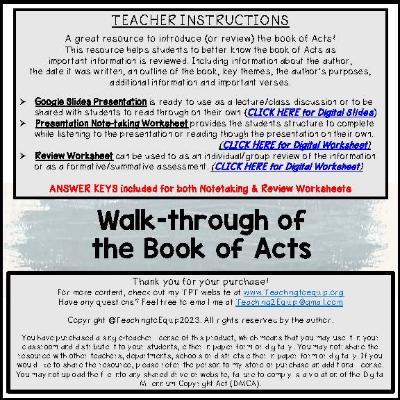 Book of Acts Bible Overview Presentation with Notes & Review worksheets ...