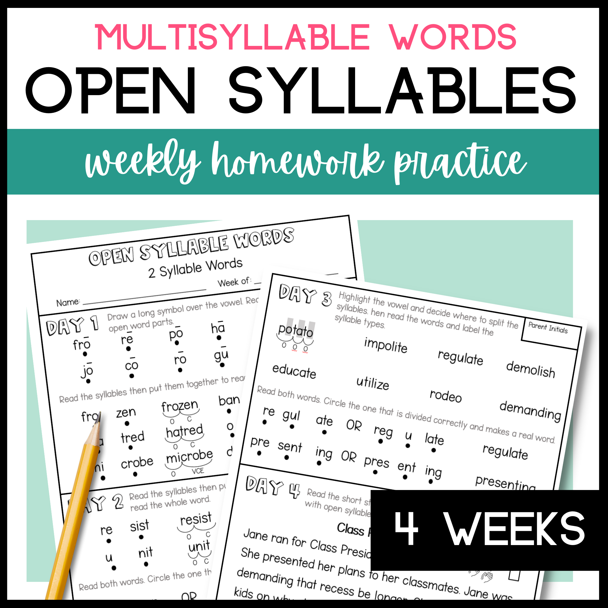 Decoding Multisyllabic Words Open Syllables | Phonics Homework ...