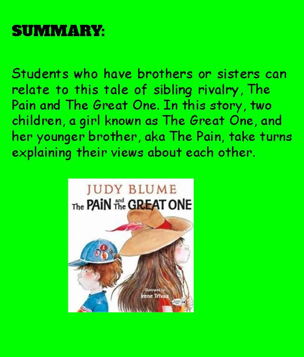THE PAIN & THE GREAT ONE by Judy Blume READING COMPREHENSION ACTIVITIES ...