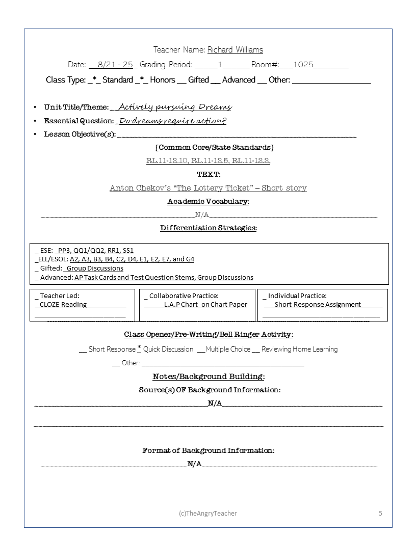 THE LOTTERY TICKET [LESSON PLANS and TEACHER NOTES] - Classful