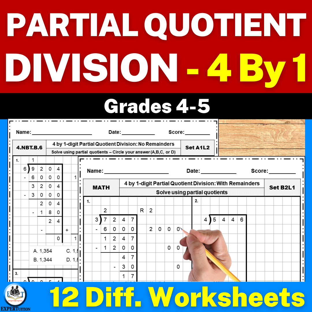 Partial Quotients Division Practice Worksheets | 4-Digit by 1-Digit ...