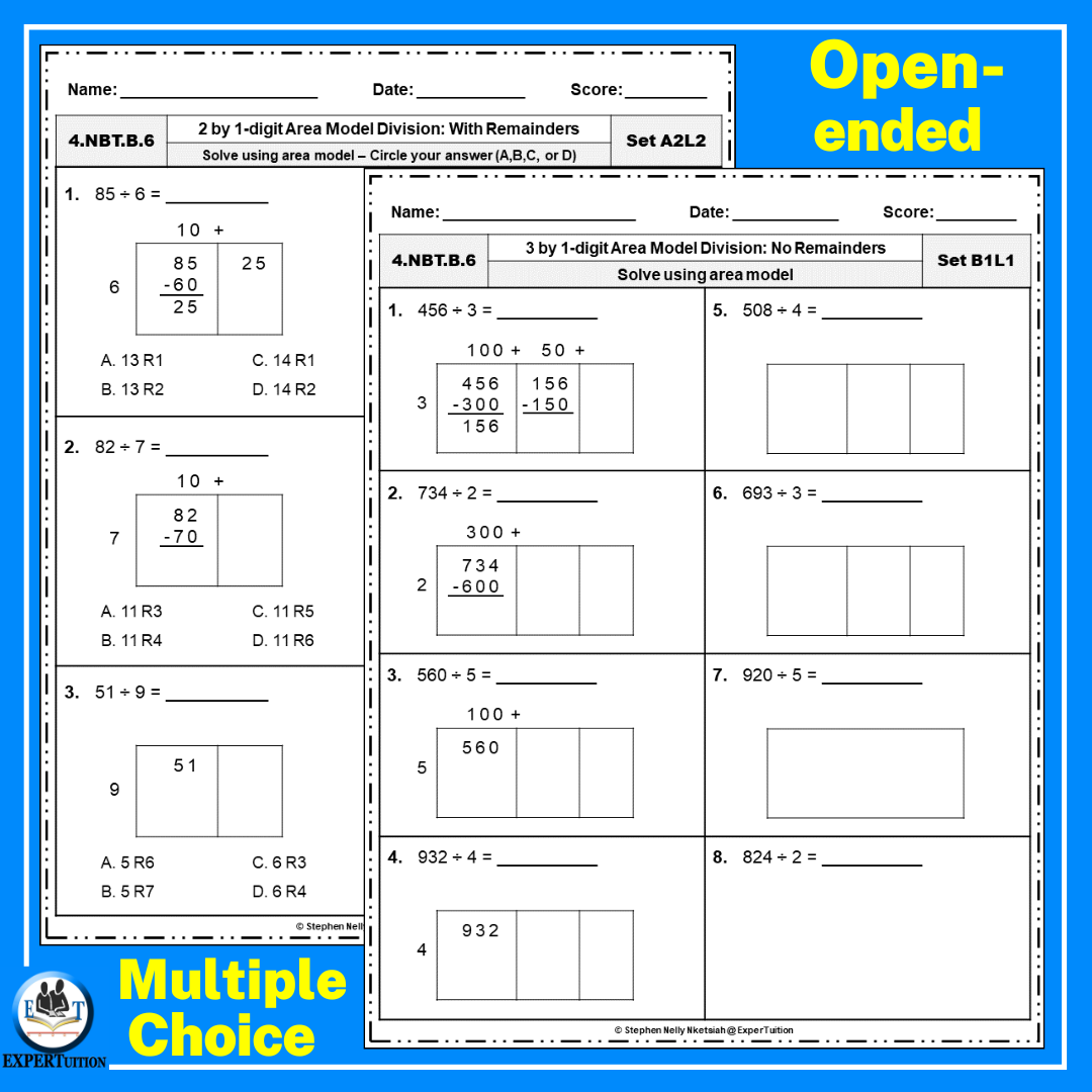 Area Model Division Practice Worksheets | 1 Digit Divisors | 3-in-1 ...