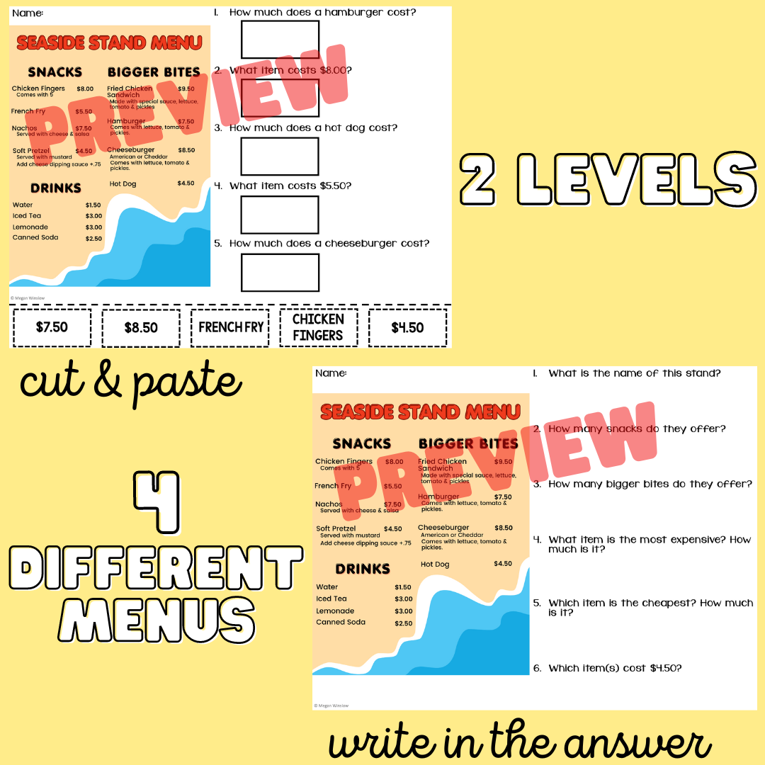 Reading Menus - Summer Edition - Unit 1 - Functional Reading/ Text ...
