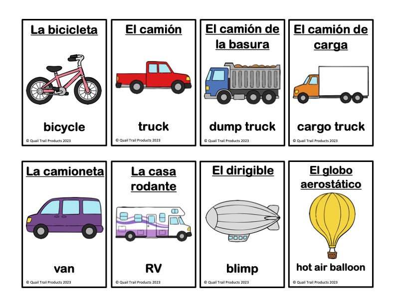 Spanish Flash Cards and Task Cards - Transportation - Classful