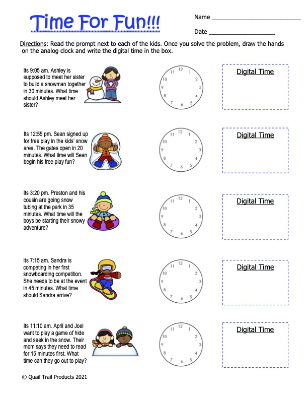 Elapsed Time Worksheets - Winter Theme - Classful