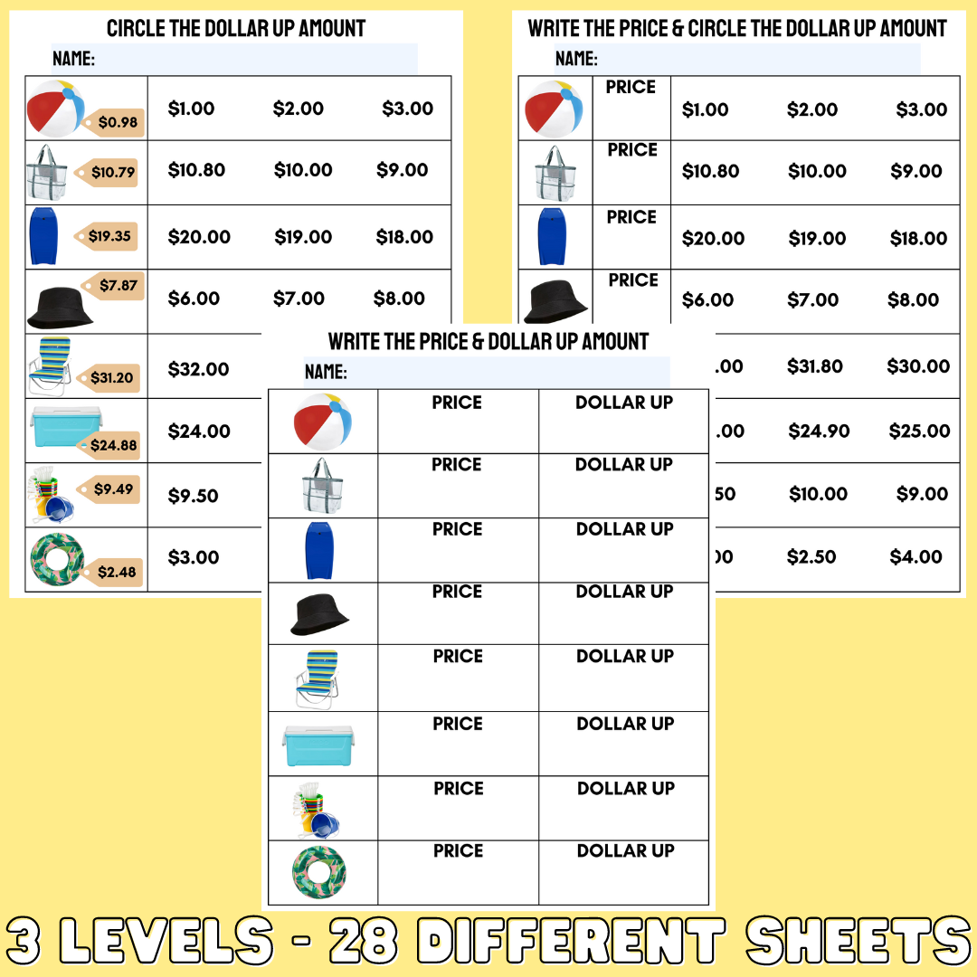 Dollar Up Shopping Worksheets - Beach Store - Life Skills - Classful