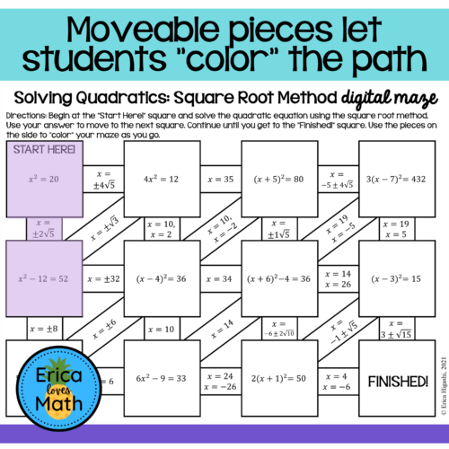 Solving Quadratic Equations by Square Root Method Digital Activity Maze ...