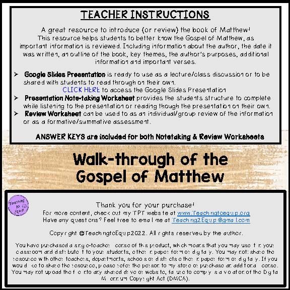 Gospel of Matthew Bible Book Overview Presentation with Notes and ...