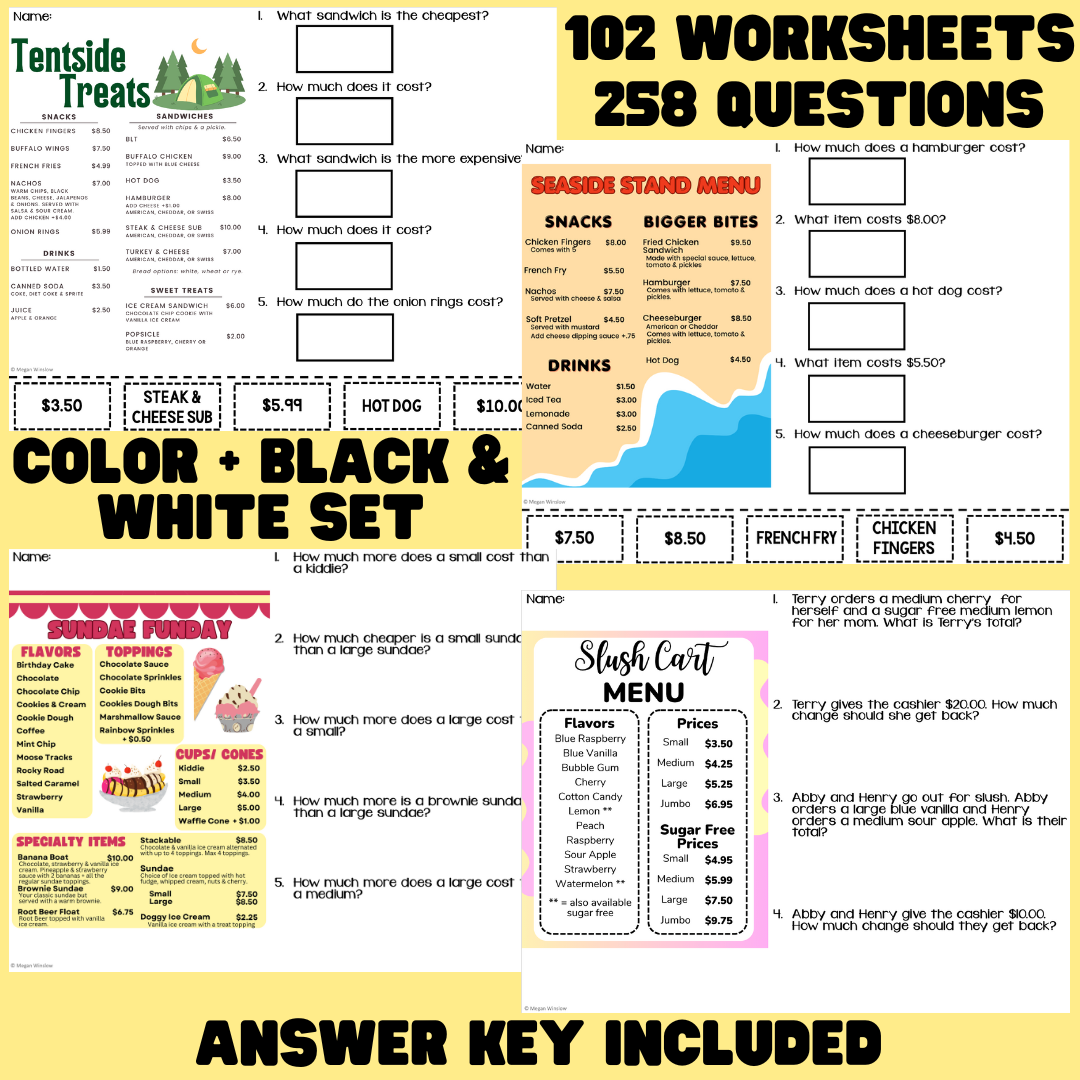 Summer Menu Bundle 1 - Menu Math & Reading Menus - Functional Text ...