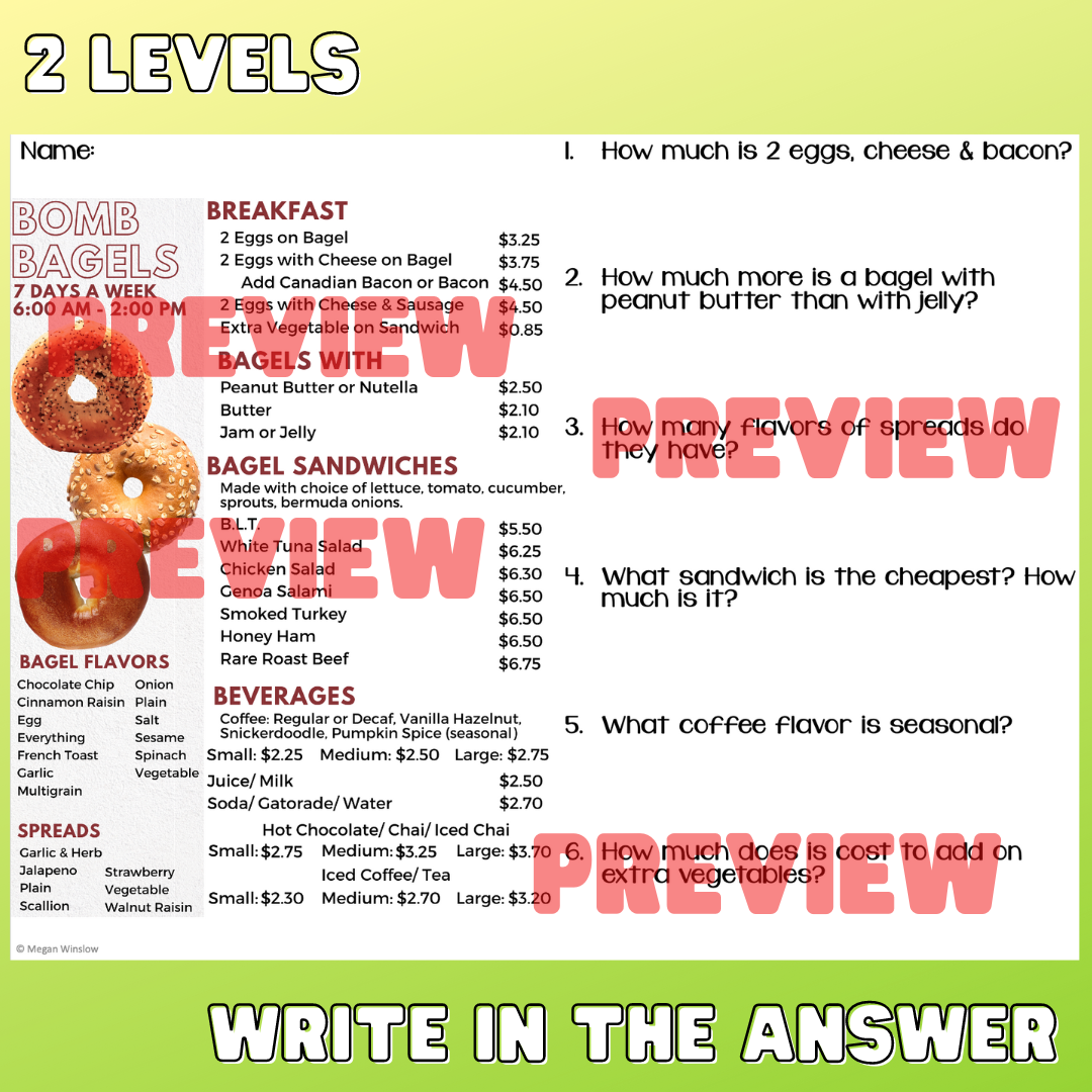 Understanding Menus Unit 2 - Reading Menus & Menu Math - Life Skills ...