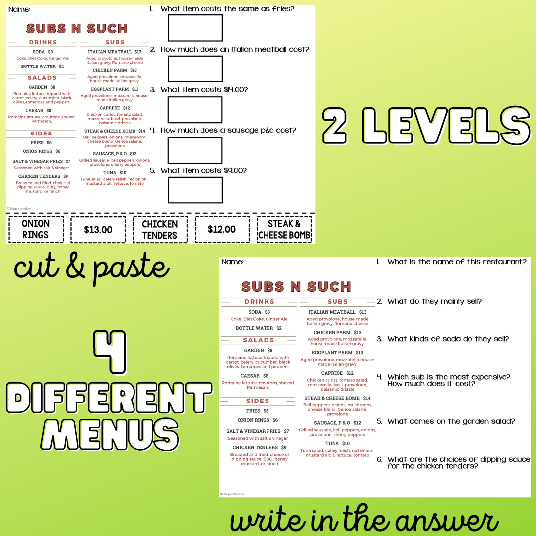 Understanding Menus Unit 3 - Reading Menus & Menu Math - Life Skills ...
