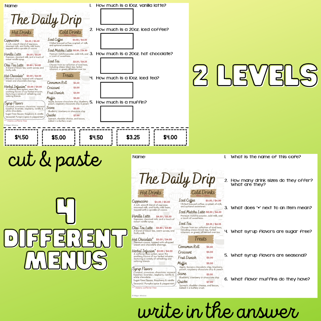Understanding Menus Unit 4 - Reading Menus & Menu Math - Life Skills ...