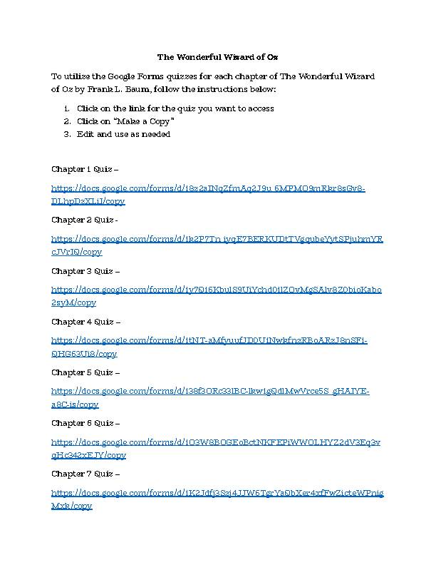 The Wonderful Wizard of Oz Full Book Google Forms Quizzes - Classful