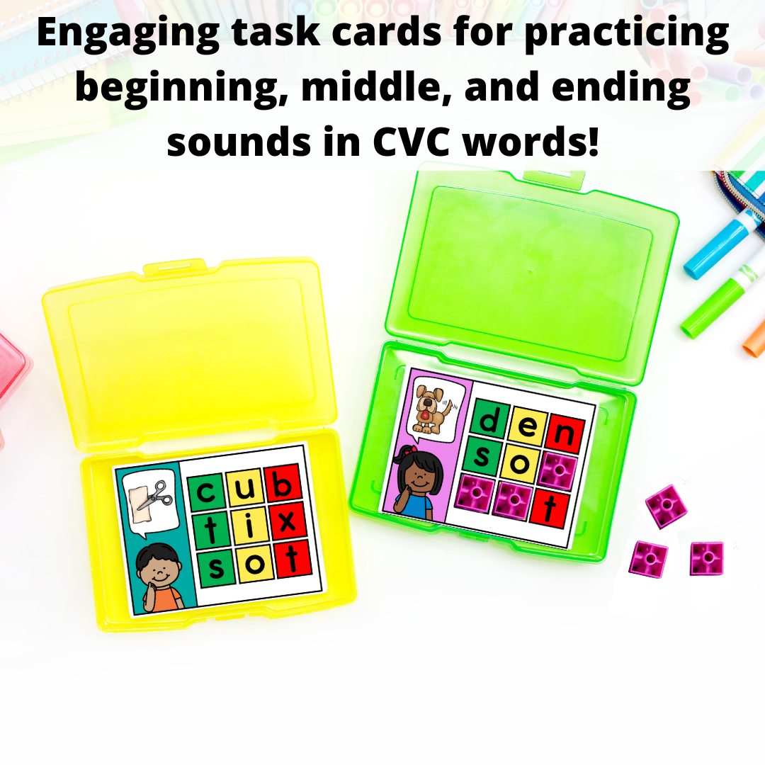 CVC Words Task Cards for Blending Beginning, Middle, and End Sounds ...