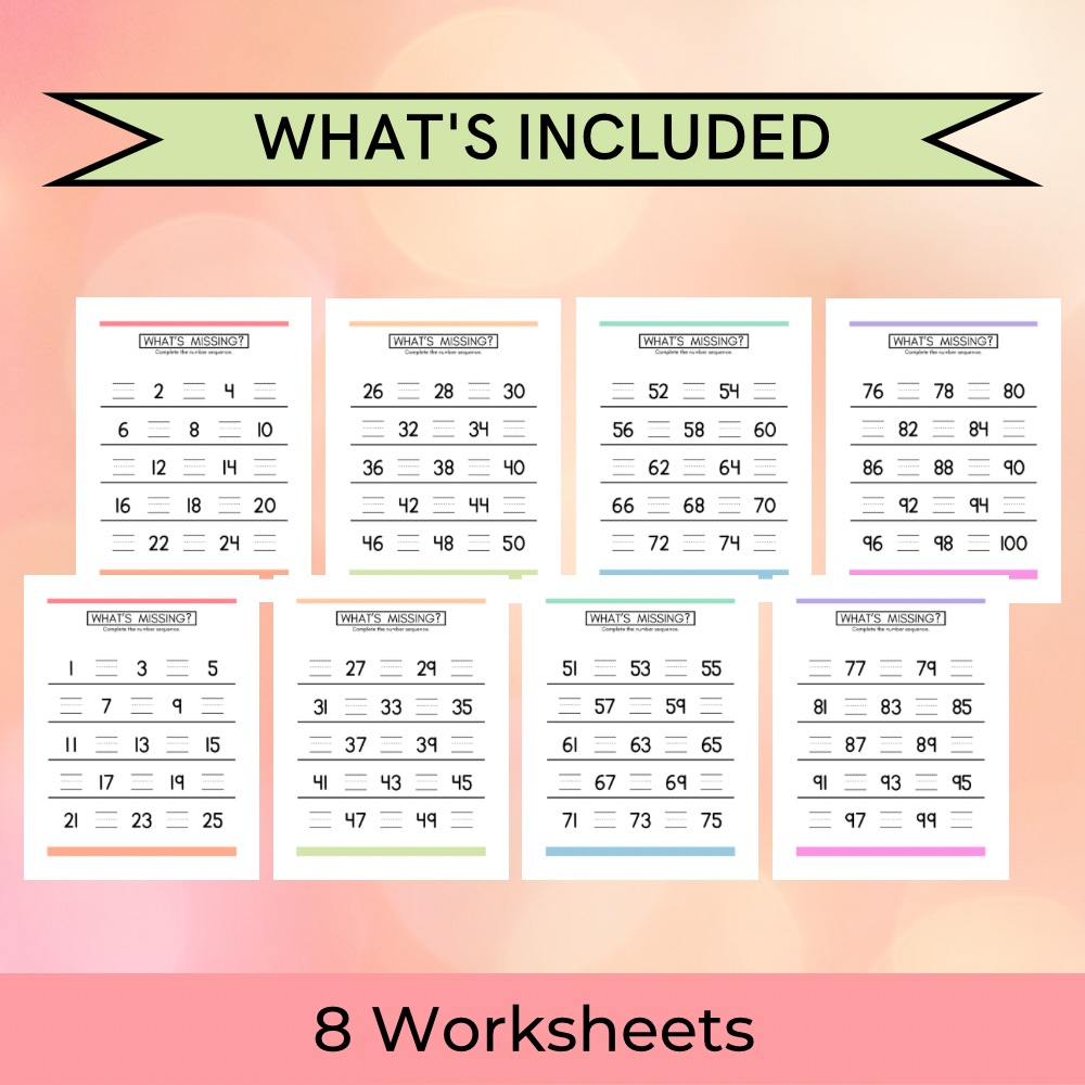 Math Number Sequence Worksheets, Counting Numbers 1 to 100, Missing ...