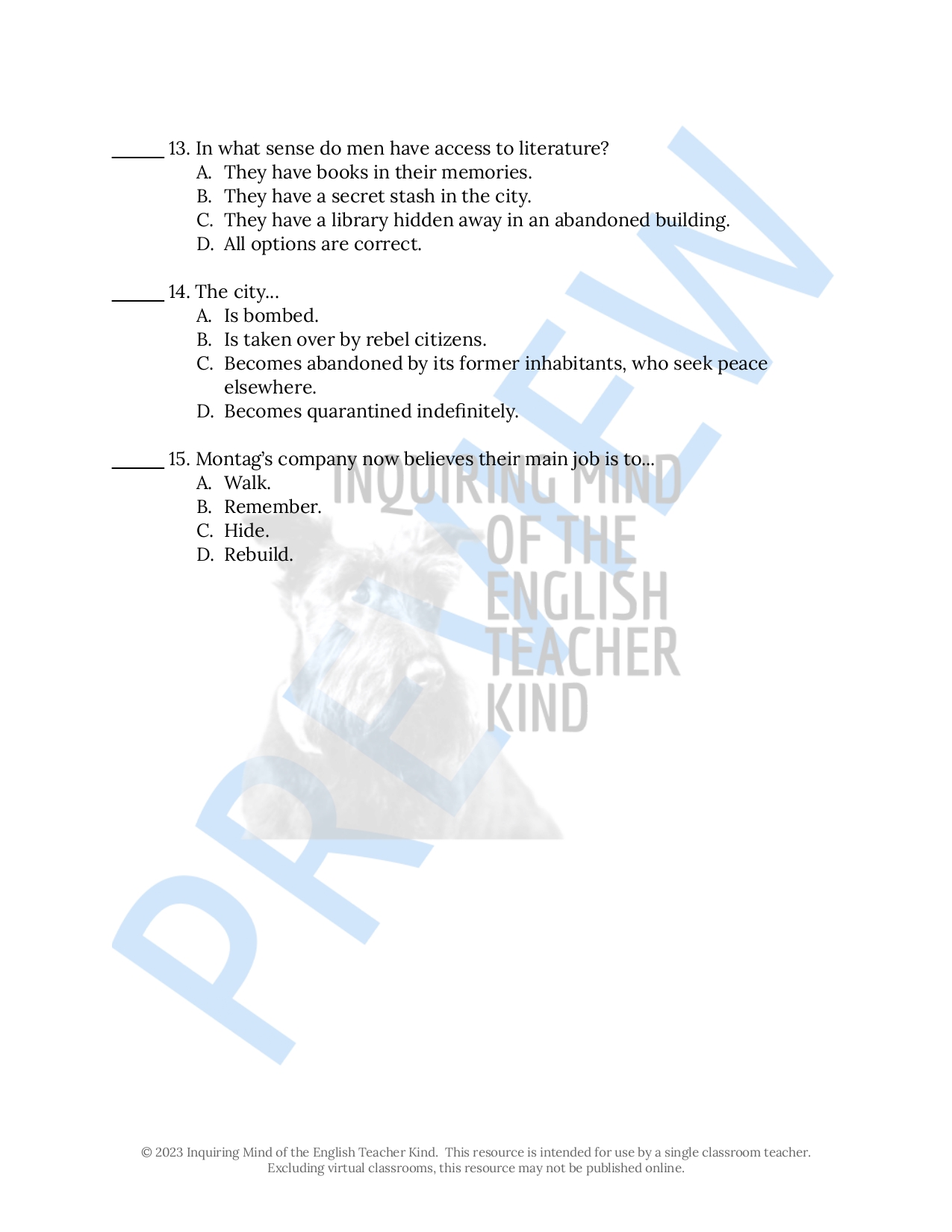 Fahrenheit 451 by Ray Bradbury Quiz and Answer Key (Part 3) - Classful