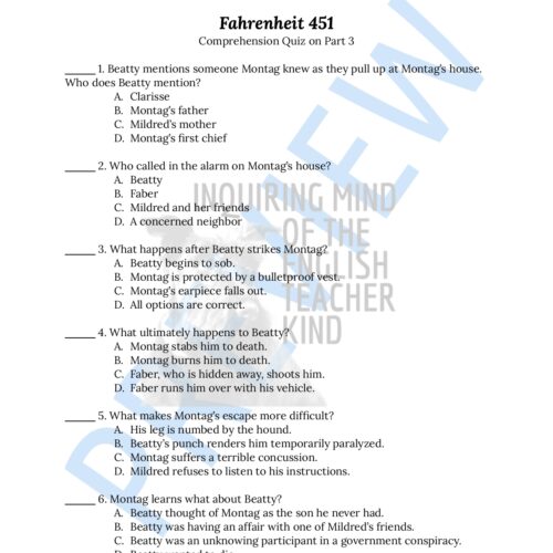 Fahrenheit 451 by Ray Bradbury Quiz and Answer Key (Part 3) - Classful