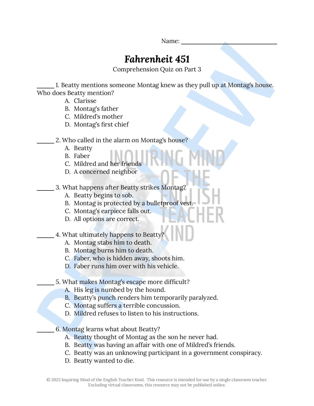 Fahrenheit 451 by Ray Bradbury Quiz and Answer Key (Part 3) - Classful
