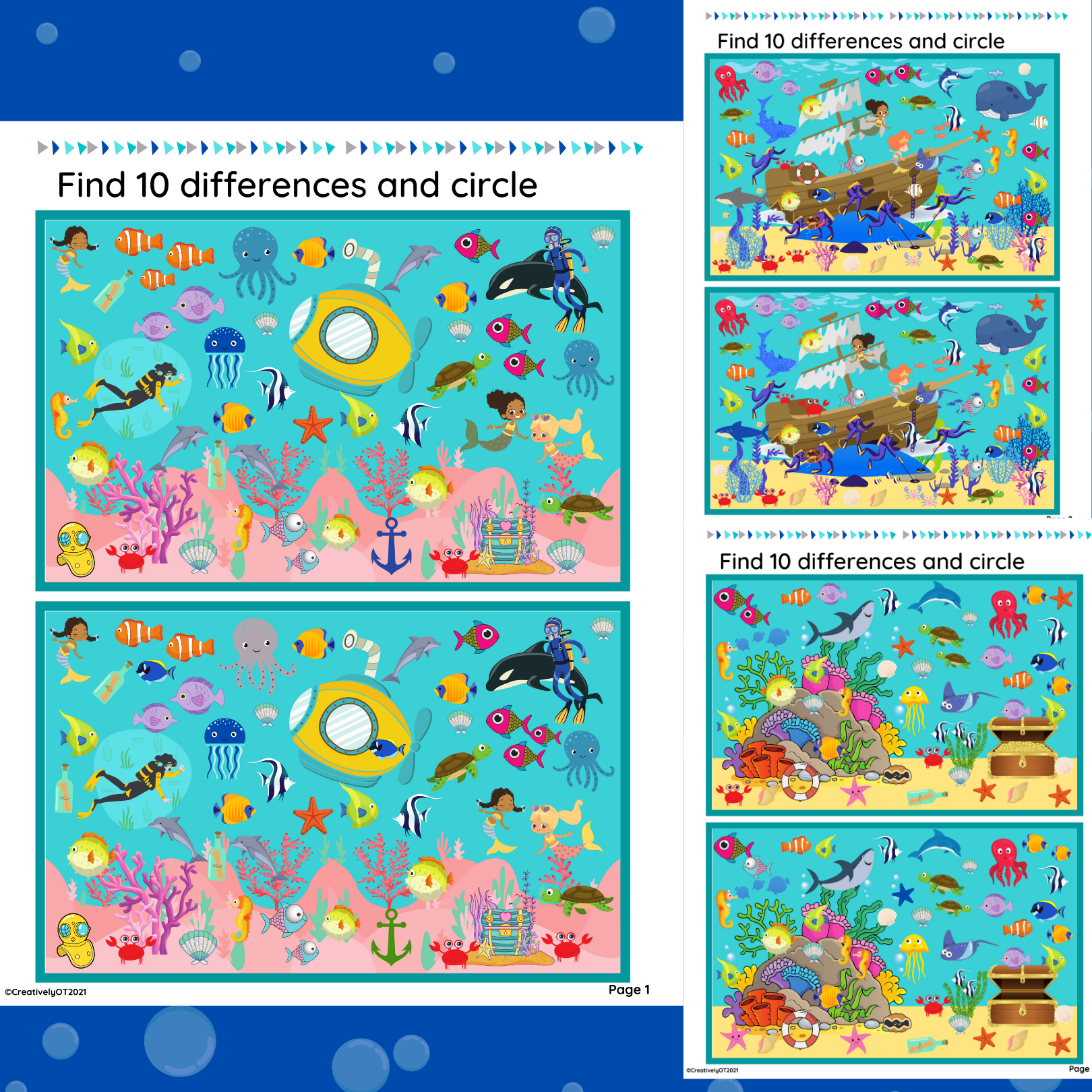 Find the Difference Ocean Visual Perceptual Worksheets - Classful