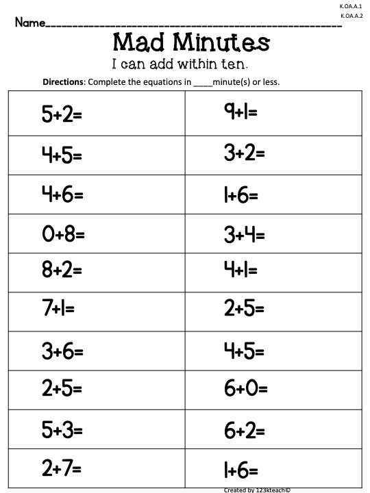 Mad Minutes Bundle- Addition, Subtraction, Kindergarten, First Grade ...
