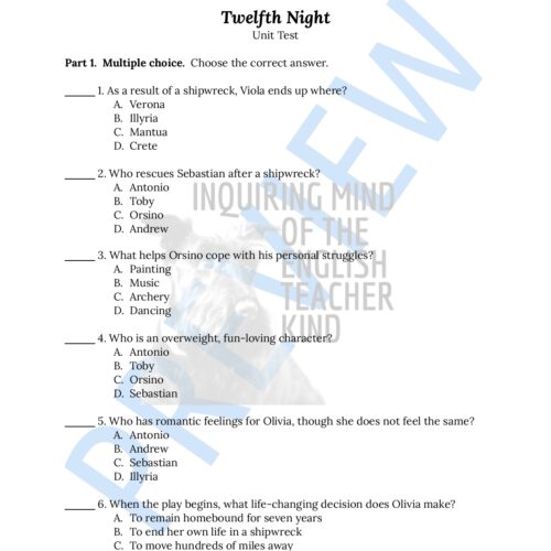 Twelfth Night Test and Answer Key with Study Guide - Classful