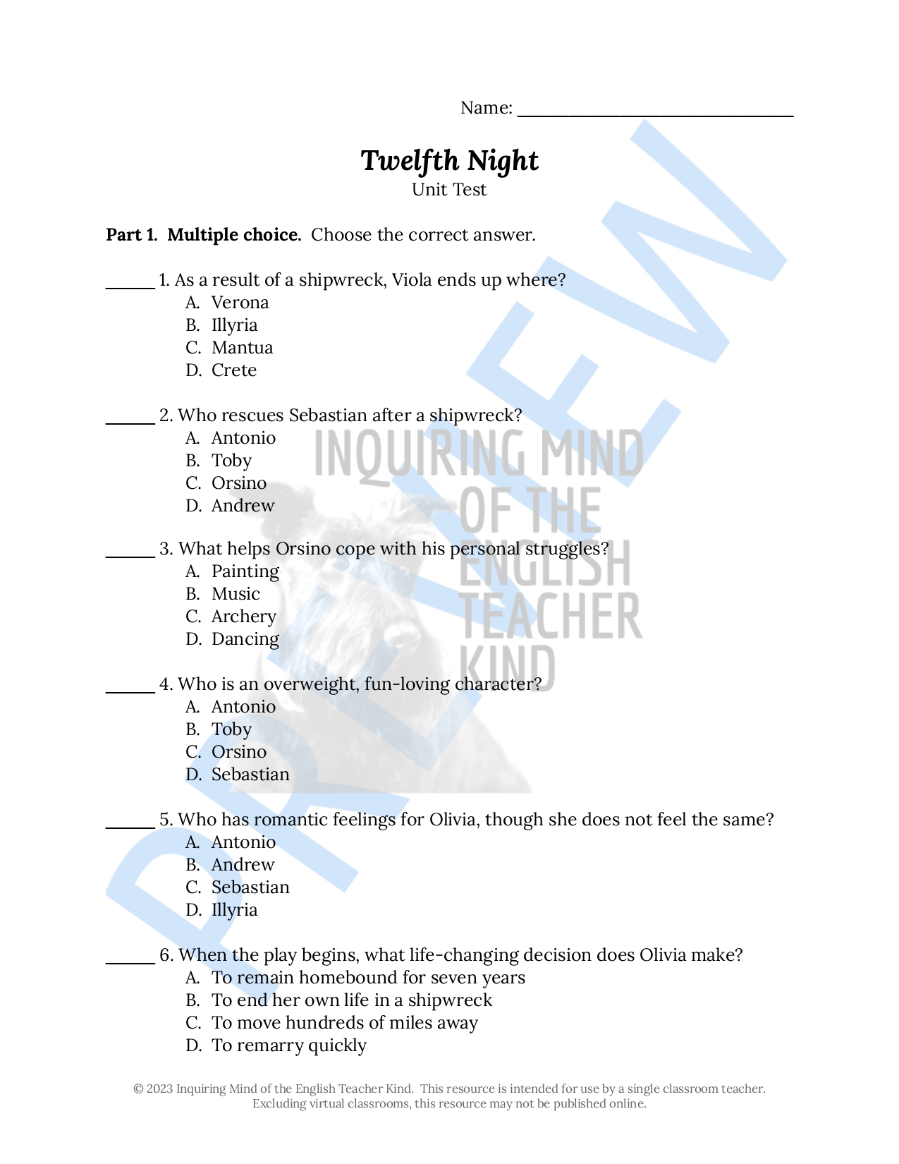 Twelfth Night Test and Answer Key with Study Guide - Classful
