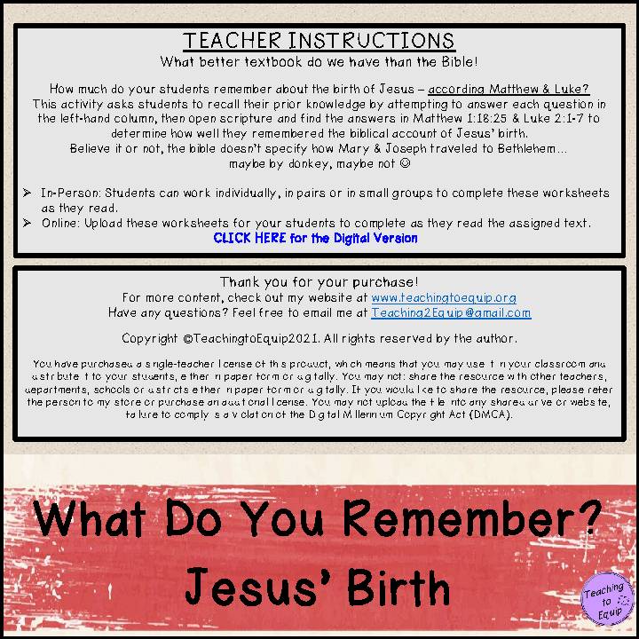 Jesus Birth Bible Trivia Worksheet Activity Christmas - Classful