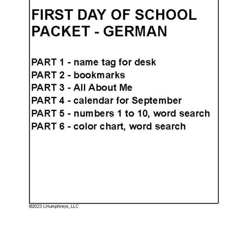 GERMAN - FIRST DAY OF SCHOOL ACTIVITIES PACKET - Classful