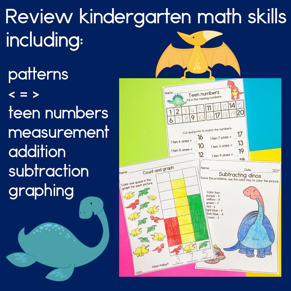 Kindergarten Summer Review Packet End of the Year Dinosaur Math and ...