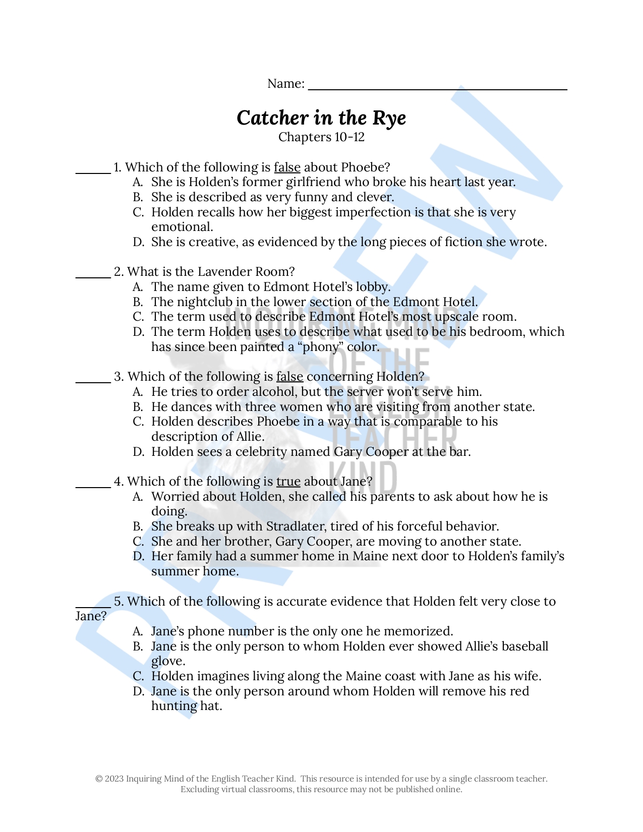 Catcher in the Rye Quiz and Answer Key Bundle - Classful