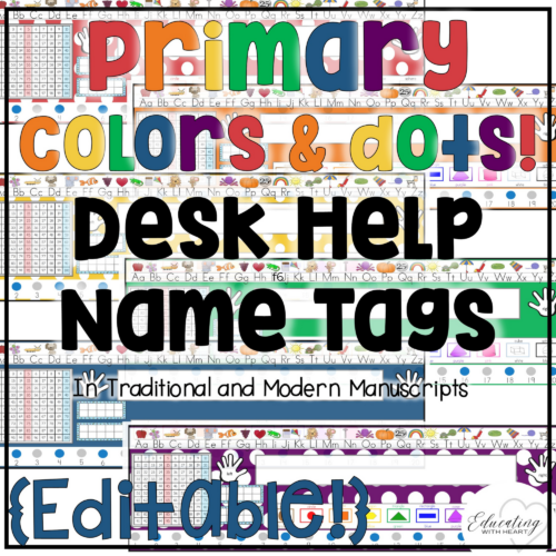 Editable Desk Help Name Tags in Primary Colors and Polka Dots - Classful