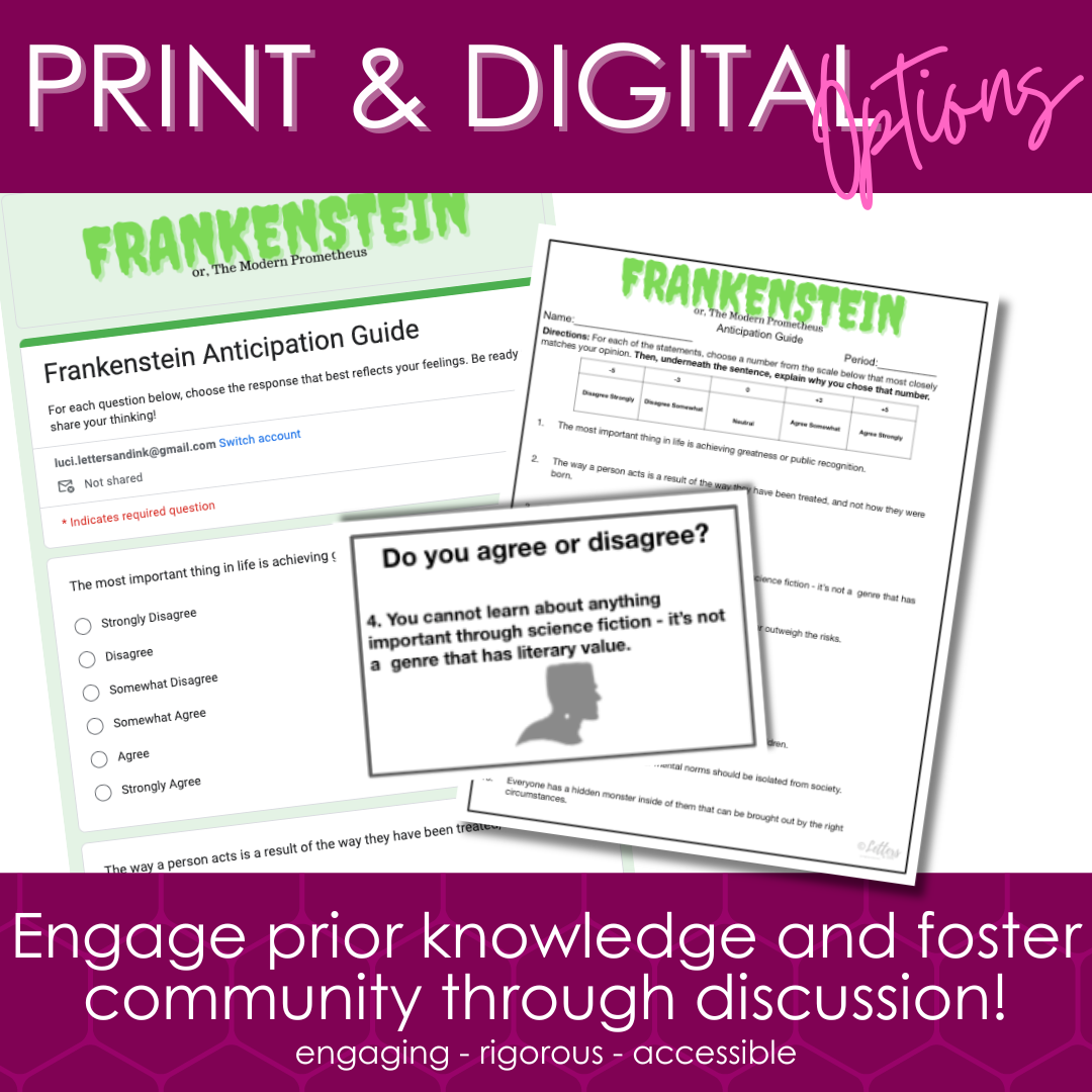 Frankenstein by Mary Shelley Anticipation Guide | Pre-Reading Context ...