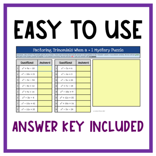 Factoring Trinomials Activity a equals 1 Digital Pixel Art Mystery ...