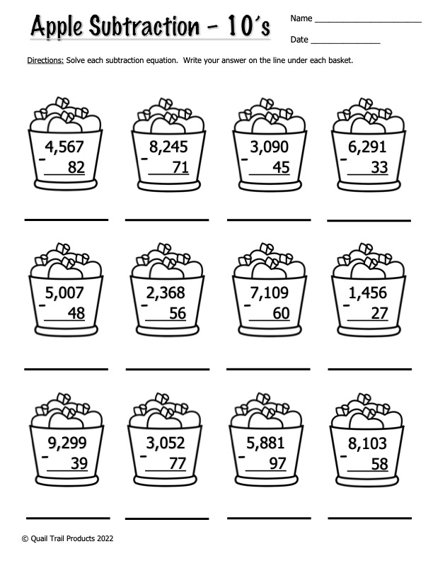 Adding and Subtracting 2, 3, and 4 Digits Worksheets - Apple Theme ...
